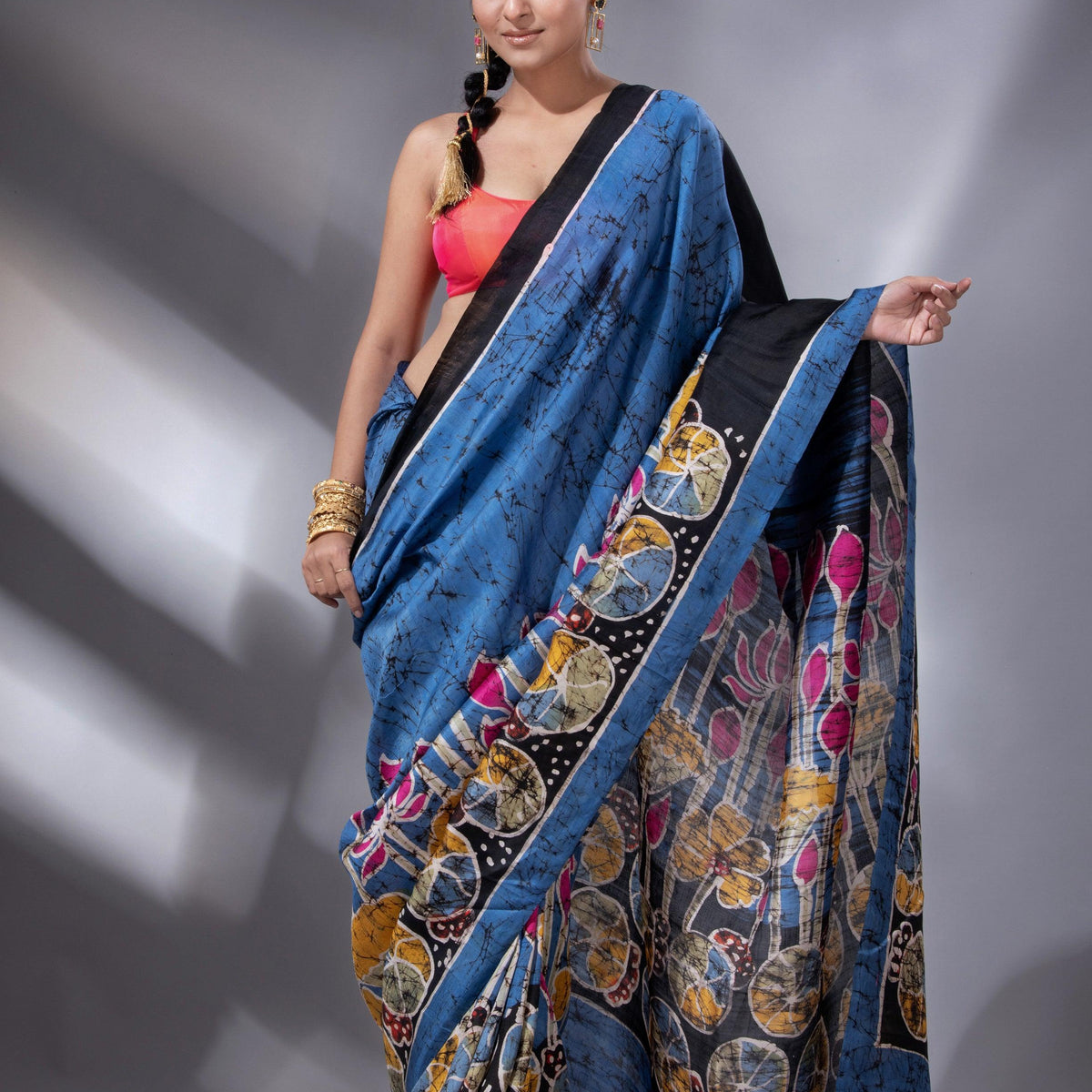 Blue with the multicolour lotus handcrafted batik silk saree – Tamal ...