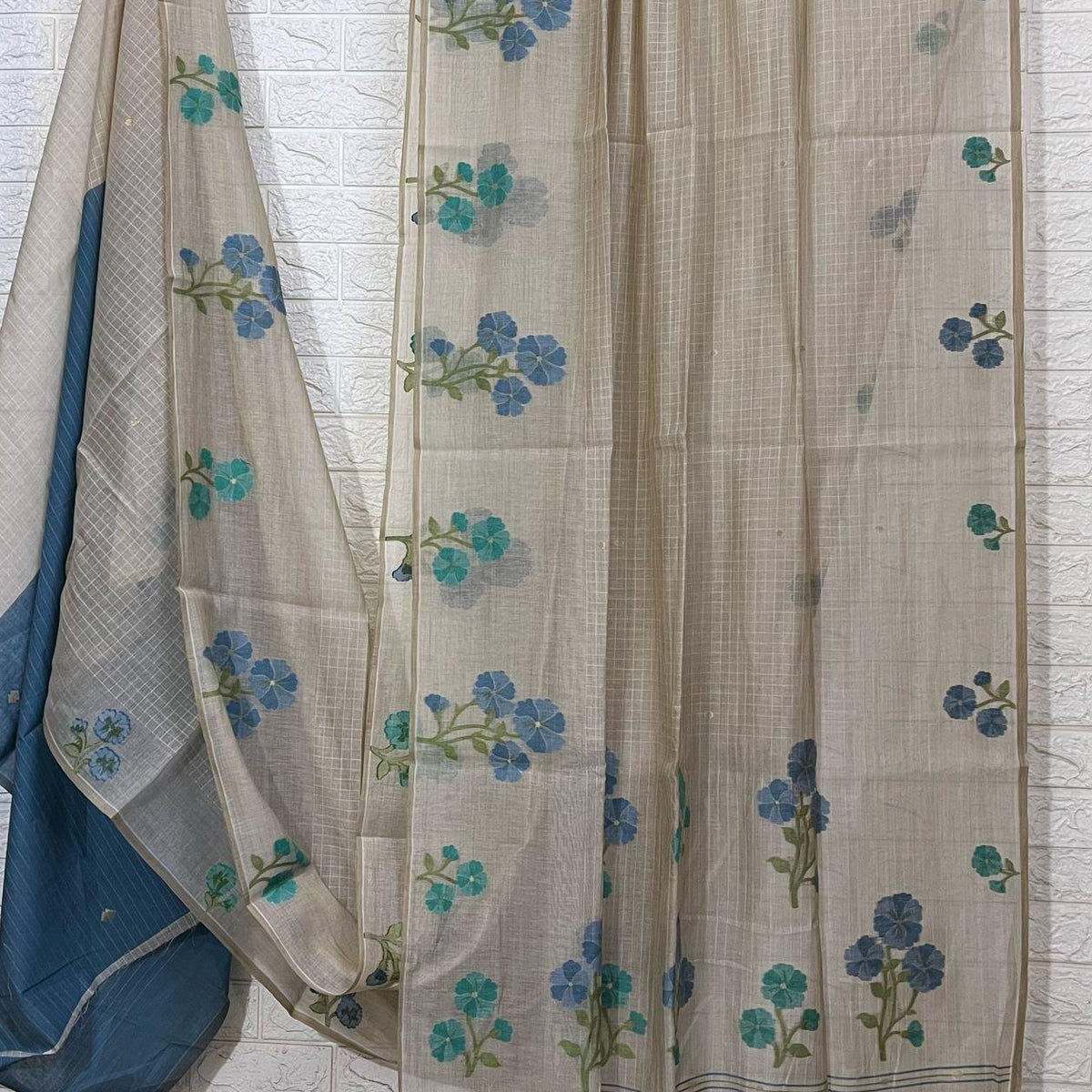 Cream colour with blue & firoza floral handloom silk cotton jamdani sa ...