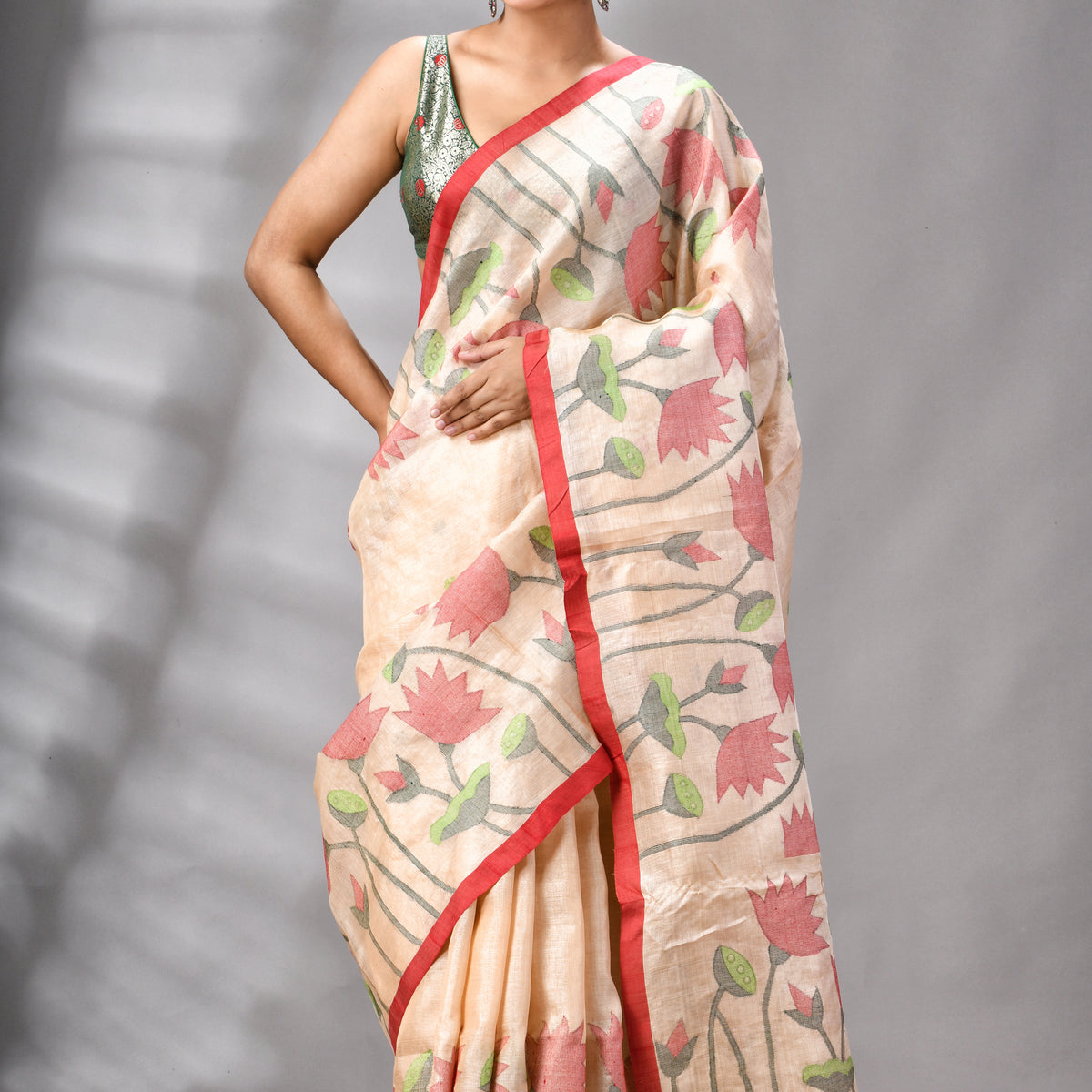 Muga Tussar Silk Handwoven Jamdani Saree with Red Border – Tamal Boutique