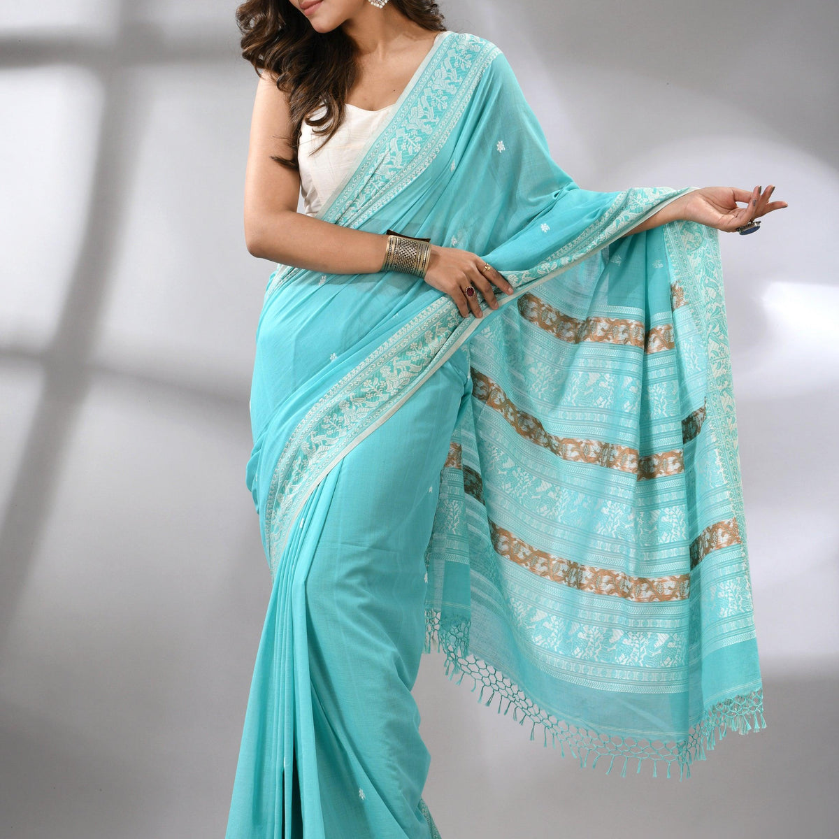 Firoza colour baluchuri design pure cotton handloom saree – Tamal Boutique