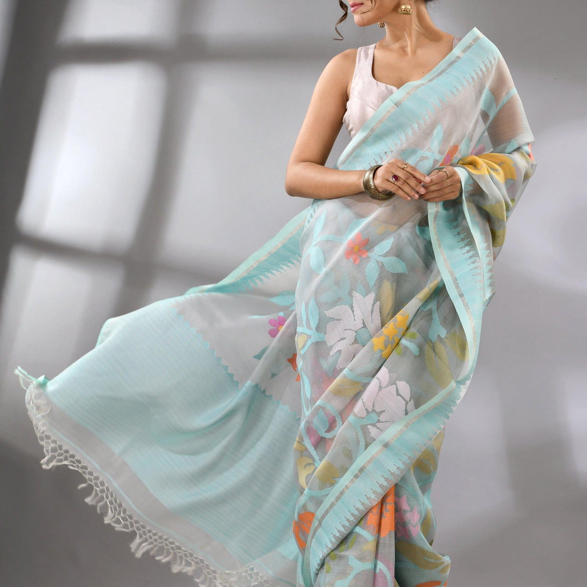 Firoza with light smoke gray and multi colour allover floral handwoven ...
