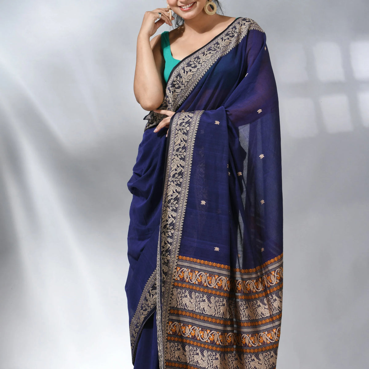 Indigo blue colour pure cotton baluchuri design handloom saree – Tamal ...