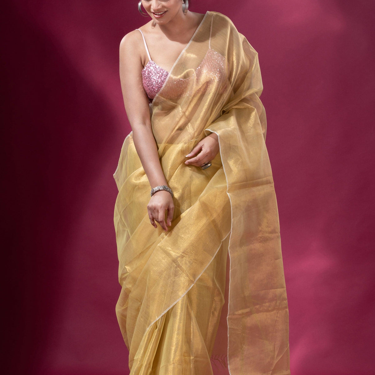 Lemon yellow color in organza silk tissue handwoven sarees – Tamal Boutique