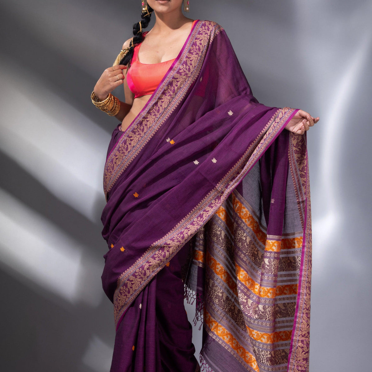 Magenta colour baluchari design pure cotton handloom saree – Tamal Boutique