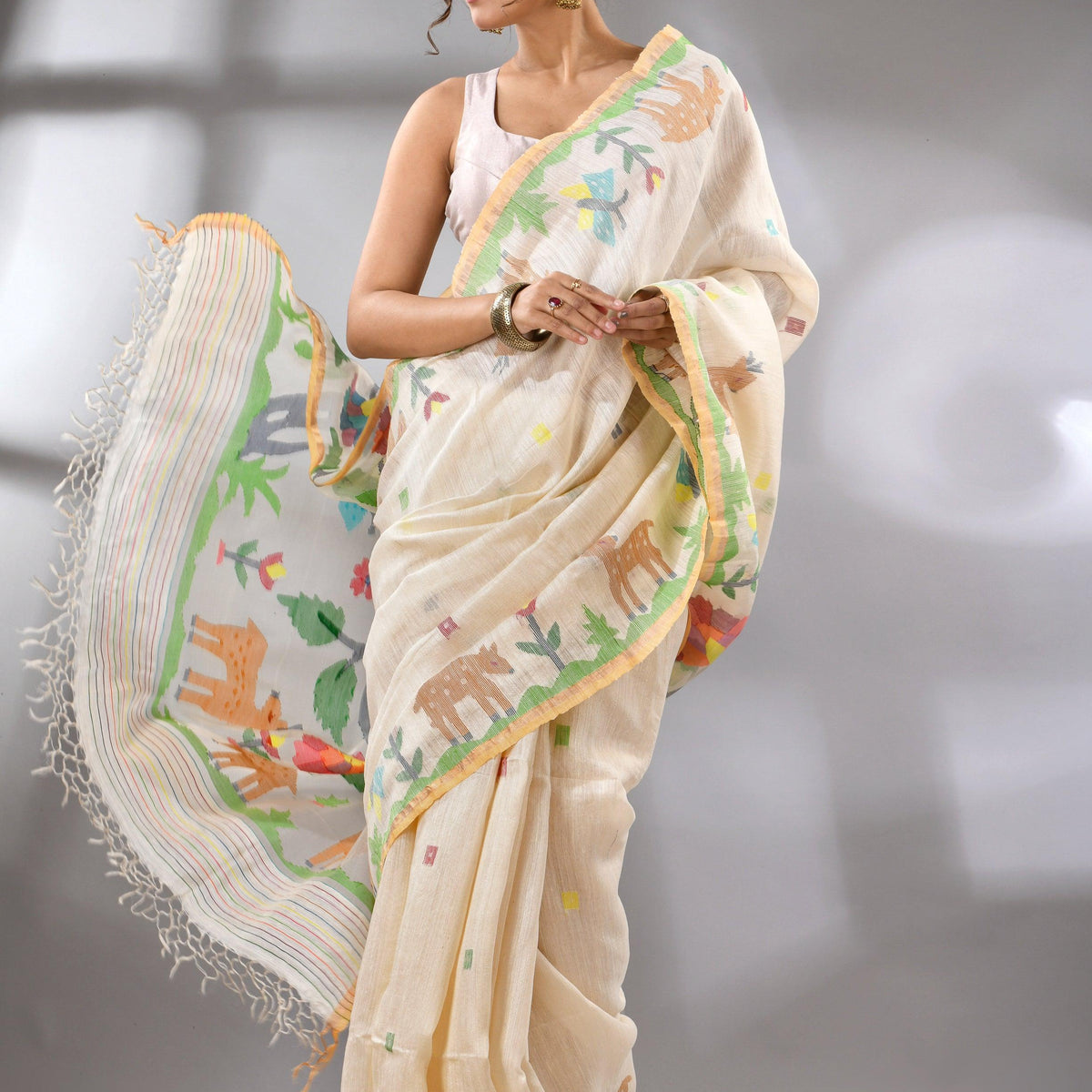 Offwhite story of jungle book handwoven jamdani in pure matka silk ...