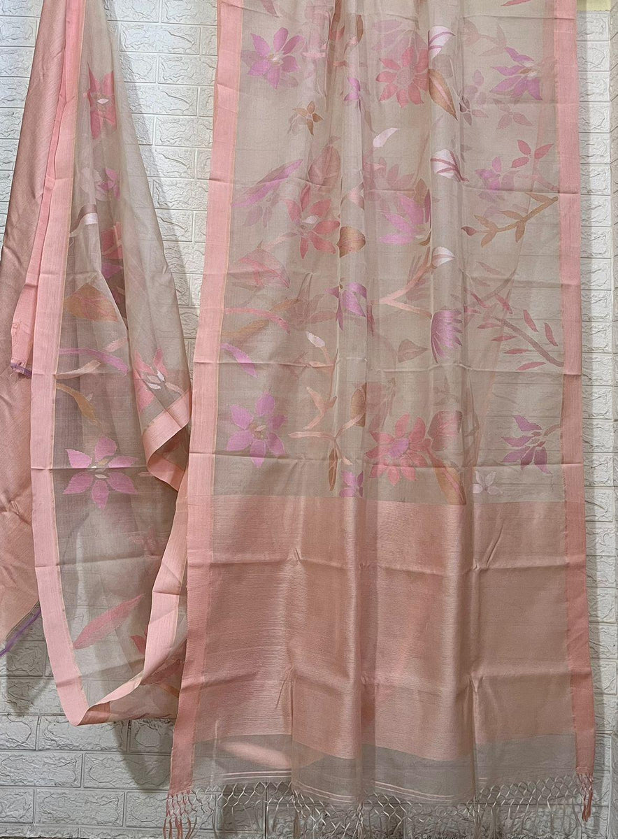 Peach self water lily with other floral allover muslin silk handwoven ...