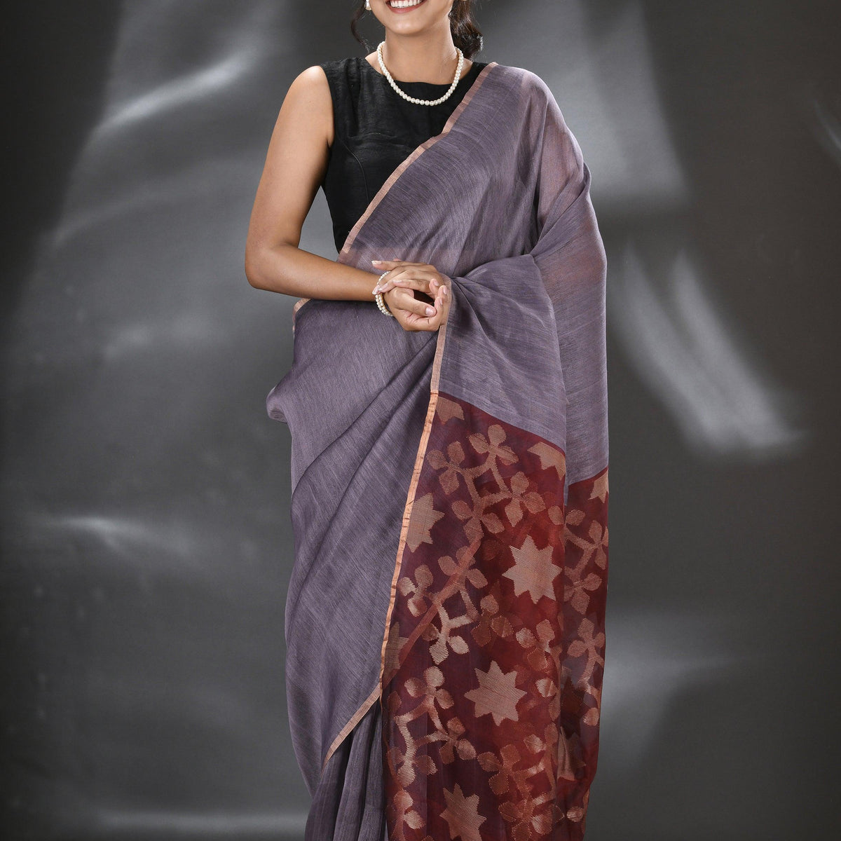 Ash With Maroon Star Pallu Silk Linen Handwoven Jamdani Saree – Tamal ...