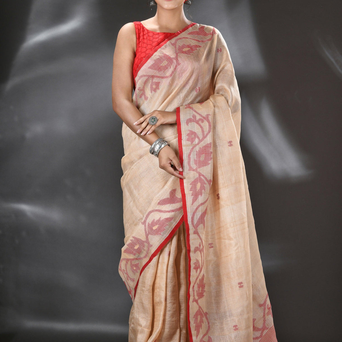 Light muga with red colour floral lata handwoven tussar silk jamdani s ...