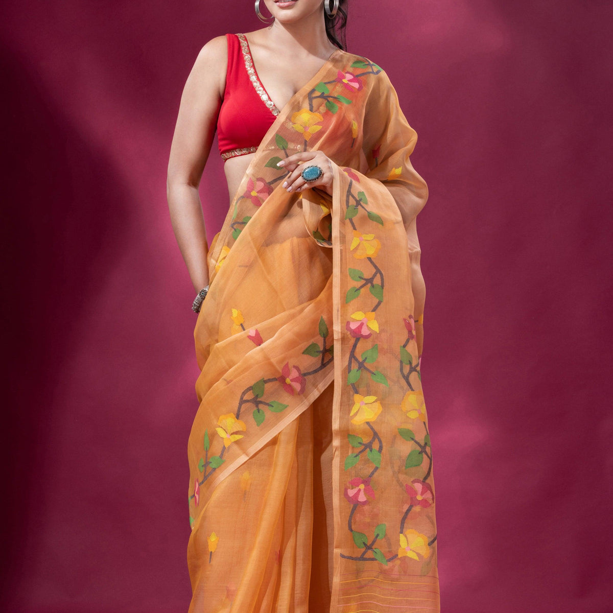 Saffron Muslin Silk Handwoven Jamdani Saree With Floral Border – Tamal ...