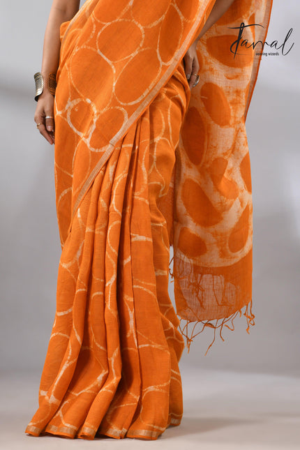 Buy Elegant Saffron Linen Handwoven Batik Silk Saree Online – Tamal ...